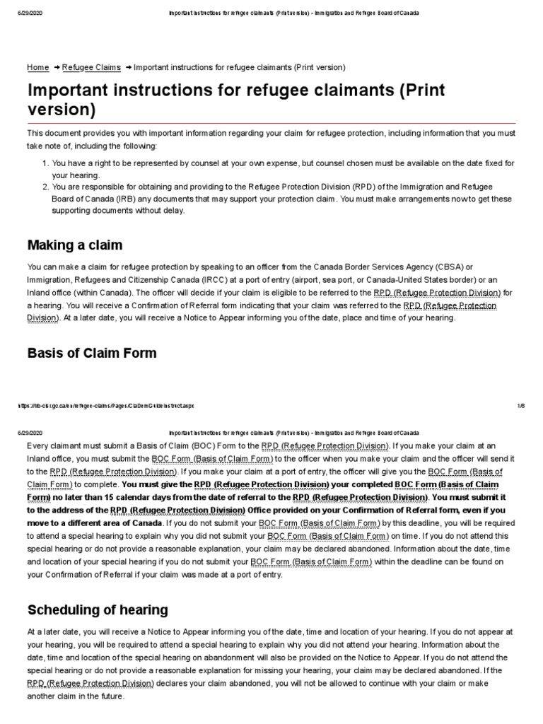 Important Instructions For Refugee Claimants (Print Version) | PDF
