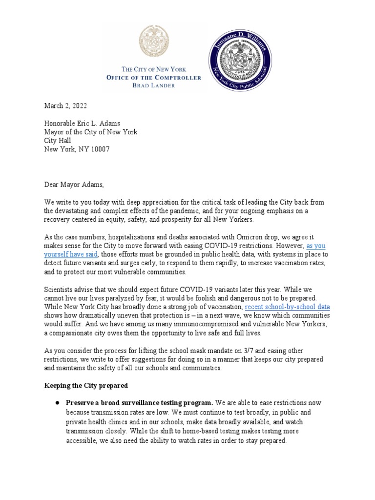 March 2, 2022 Letter To Mayor Adams, From Public Advocate Jumaane ...