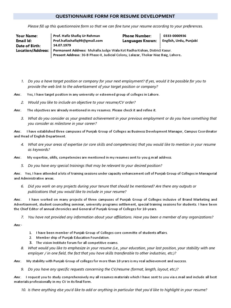 Questionnaire Form | PDF | Résumé | Business