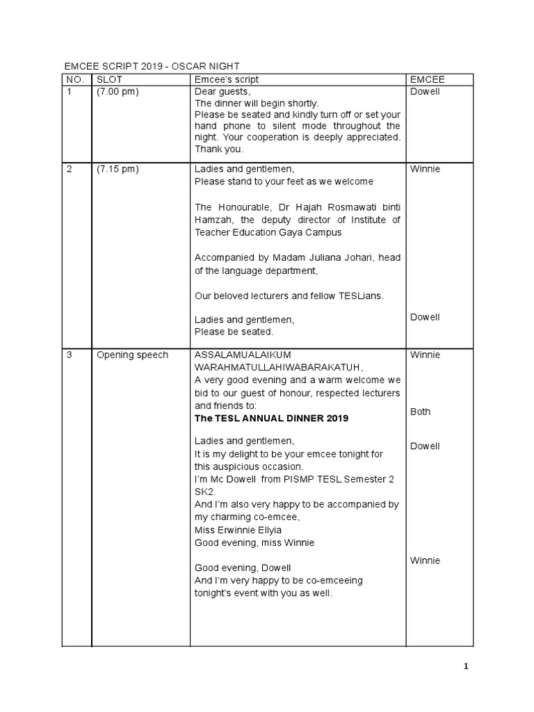 An Evening of Entertainment, Recognition and Appreciation: The Script ...
