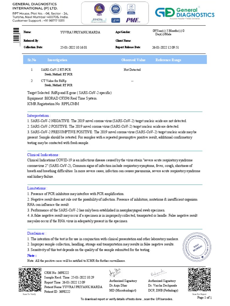 SARS-CoV-2 RT-PCR Test Report | PDF | Reverse Transcription Polymerase ...