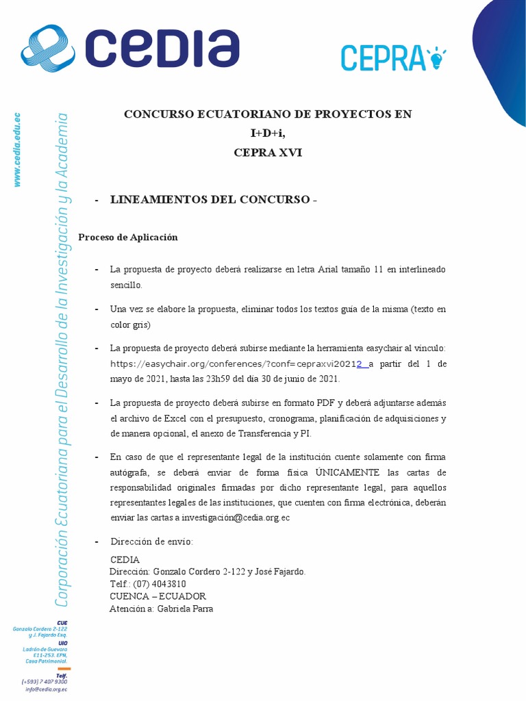 Lineamientos CEPRA XVI para Proyectos I+D+i | PDF | Informática