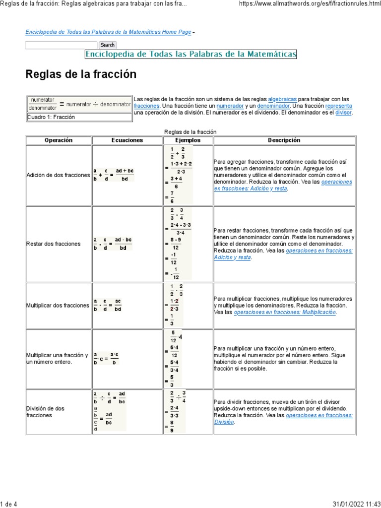 Reglas de La Fracción Reglas Algebraicas para Trabajar Con Las ...