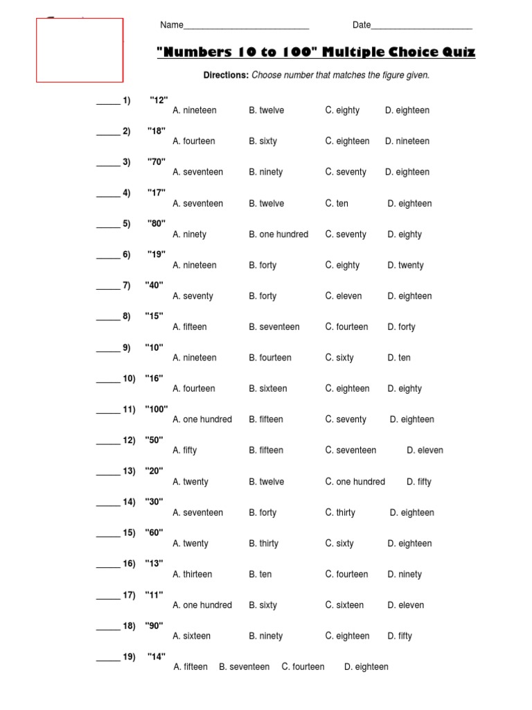 "Numbers 10 To 100" Multiple Choice Quiz | PDF