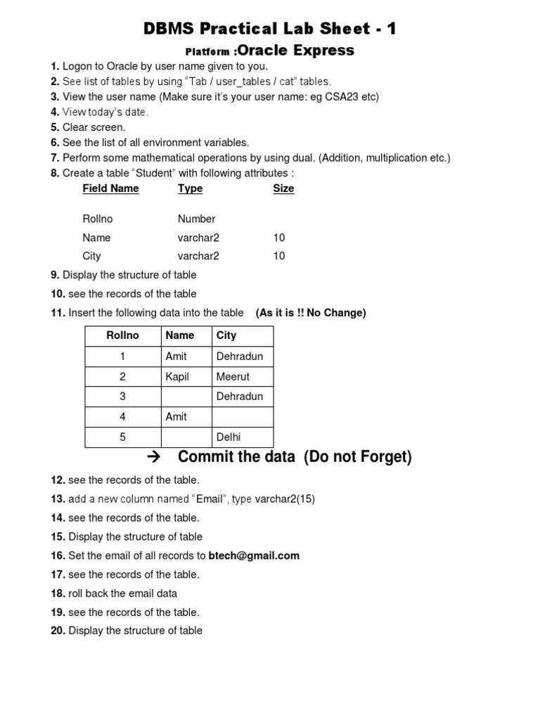 DBMS Practical Lab Sheet - 1: Oracle Express | PDF | Data | Software Engineering