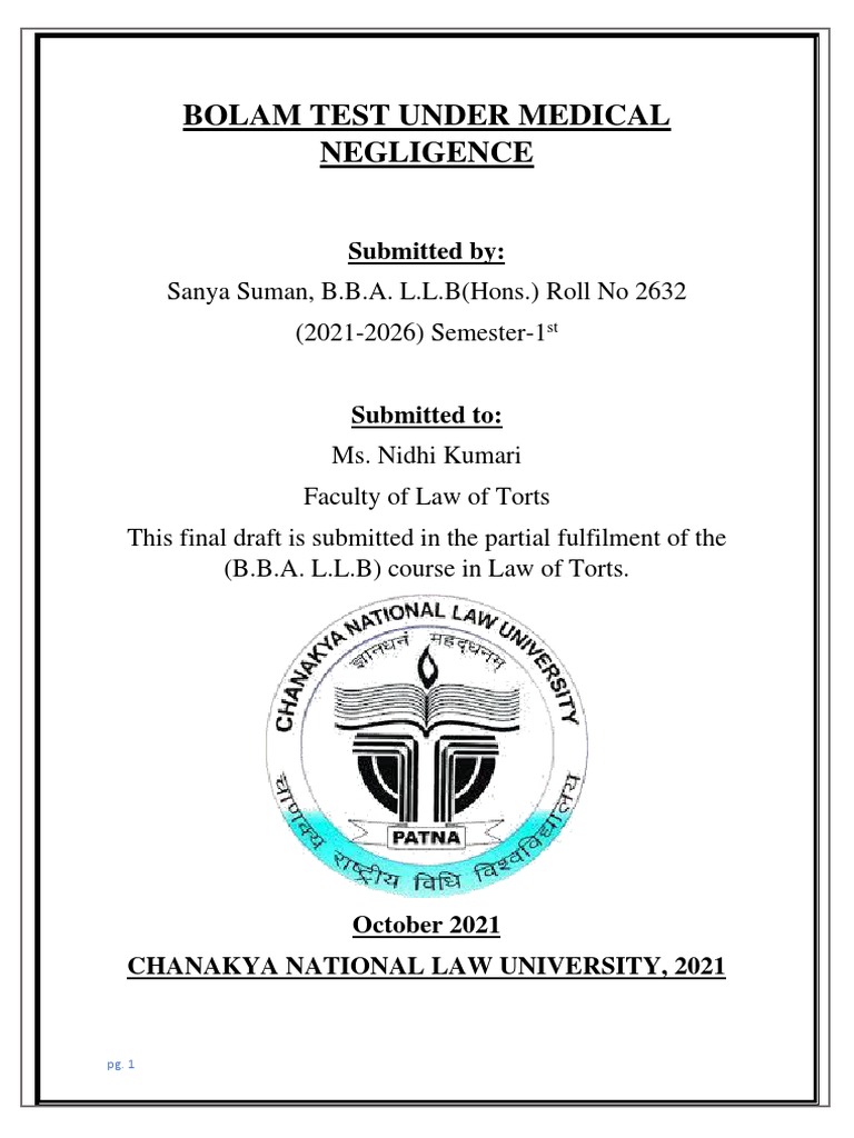 Bolam Test Under Medical Negligence Project | PDF | Negligence ...