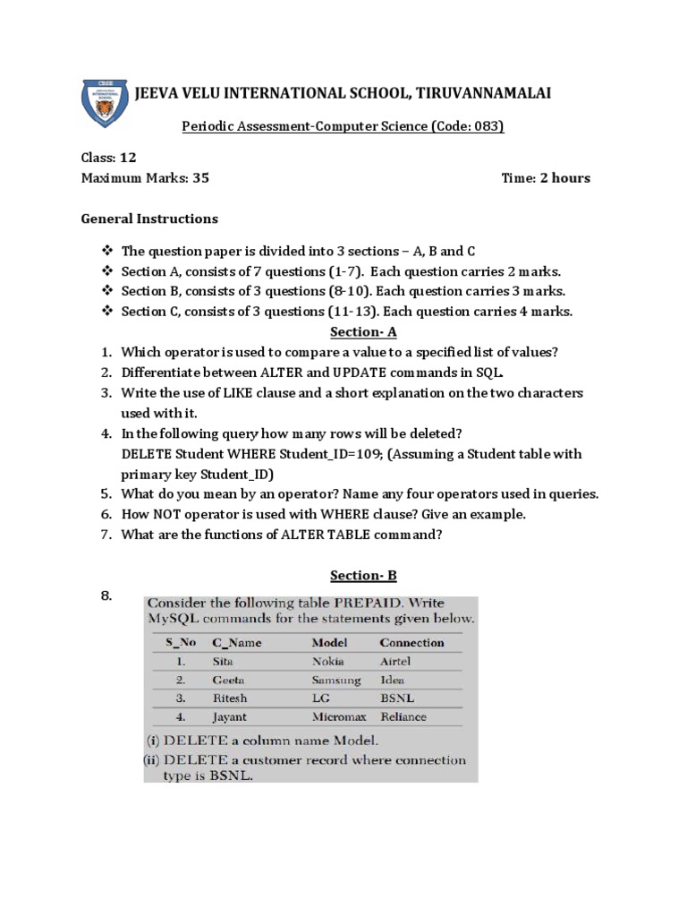 XII - CS - Periodic Assessment | PDF | Sql | Databases