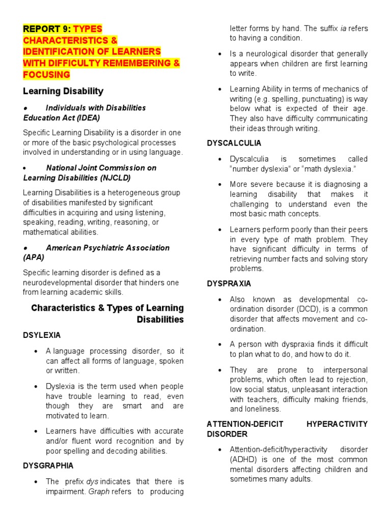 Report 9:: Types Characteristics & Identification of Learners With ...
