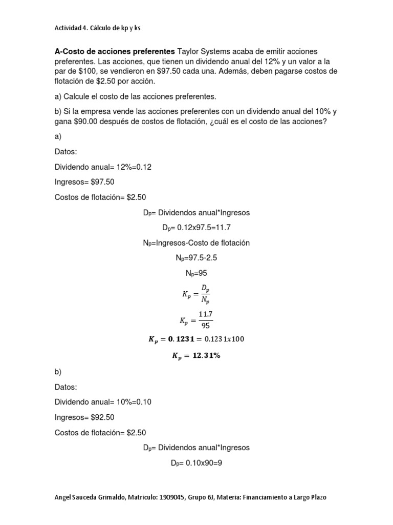 Cálculo de KP y Ks | PDF | Compartir (Finanzas) | Acciones preferentes