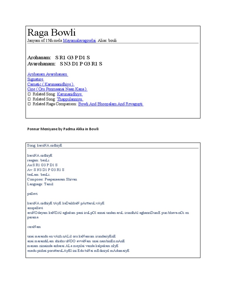 Raga Bowli: Arohanam: S R1 G3 P D1 S Avarohanam: S N3 D1 P G3 R1 S ...