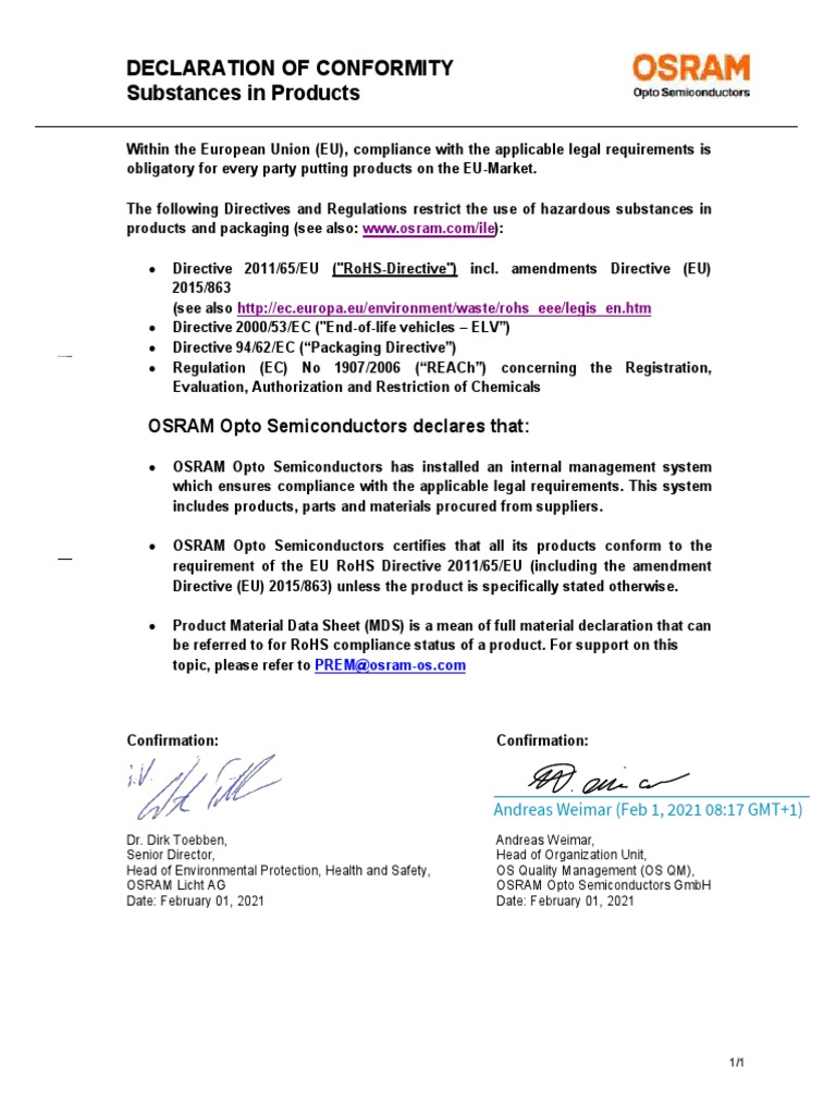 RoHS Declaration of Conformity - 2021 | PDF