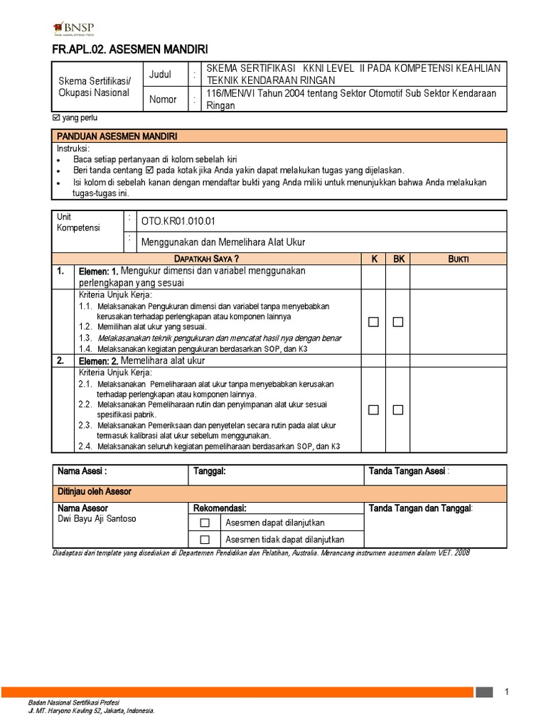 02 - FR - Apl.02 Asesmen Mandiri | PDF