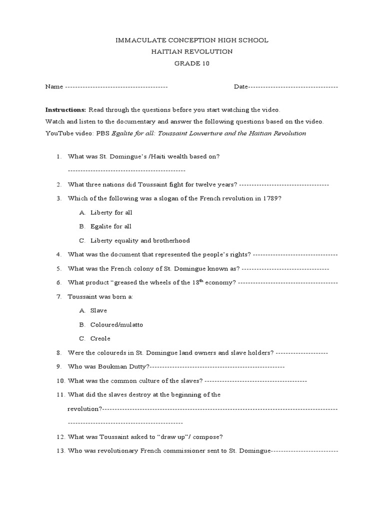 Haitian Revolution Video Guide Worksheet | PDF | African Diaspora ...
