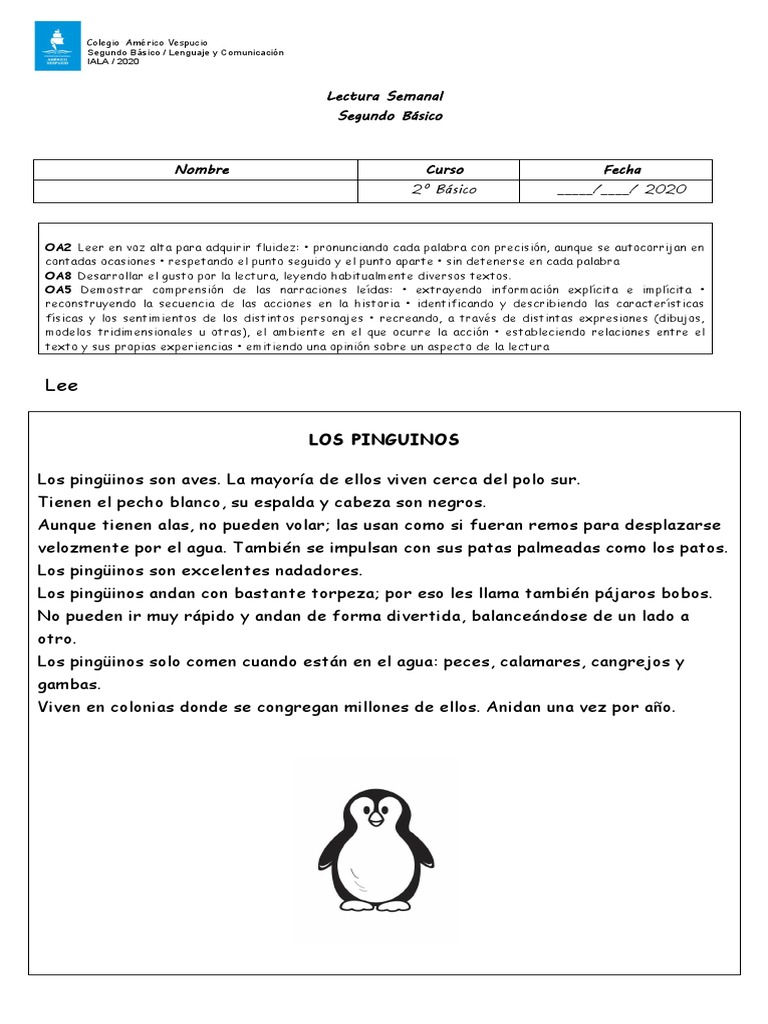 Lectura sobre Pingüinos para 2° Básico | PDF | Pingüino | Aves