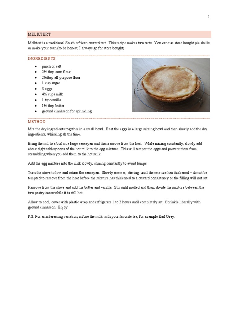 Melktert Recipe: Traditional Custard Tart | PDF