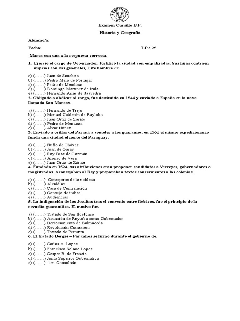 Examen Cursillo. B-F. HISTORIA. 12 | PDF | Imperio español | Españoles