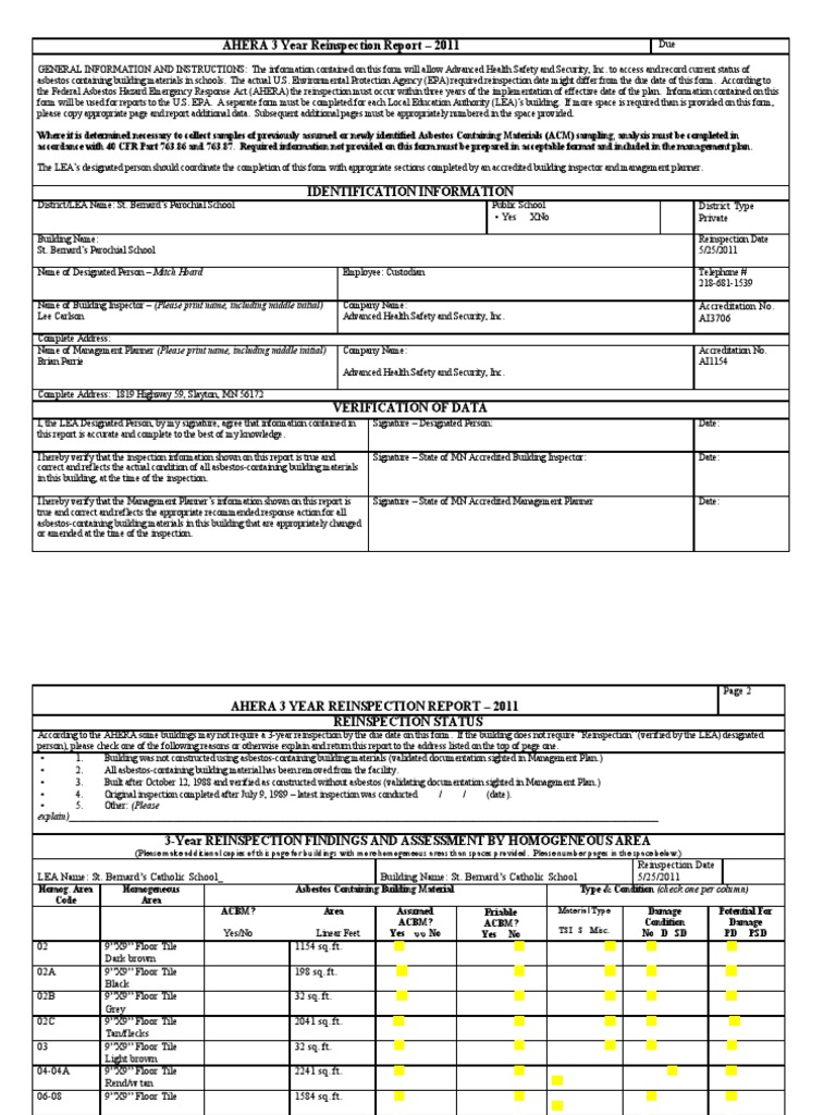 AHERA Reinspection Report 2011 | PDF | Asbestos | United States ...