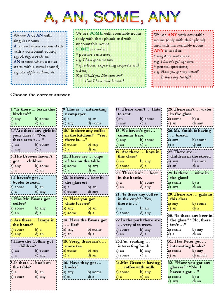 A, An, Some, Any: Choose The Correct Answer | PDF | Plural | Noun