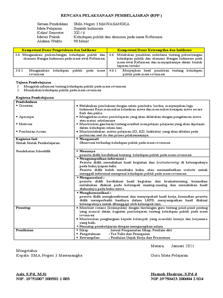 RPP Sejarah Indo XII | PDF