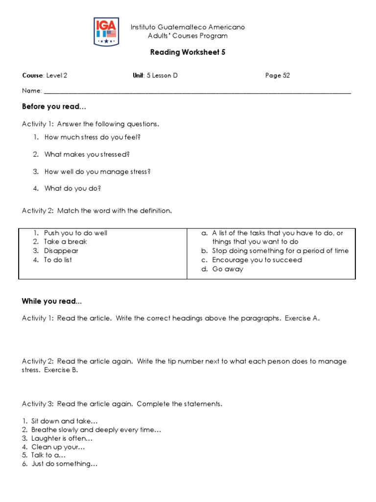Unit 5-Reading Worksheet 5-Don't Stress Out! | PDF