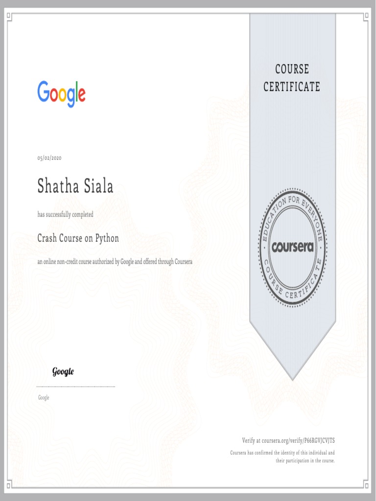 Crash Course Python Certificate Google Coursera | PDF | Software ...