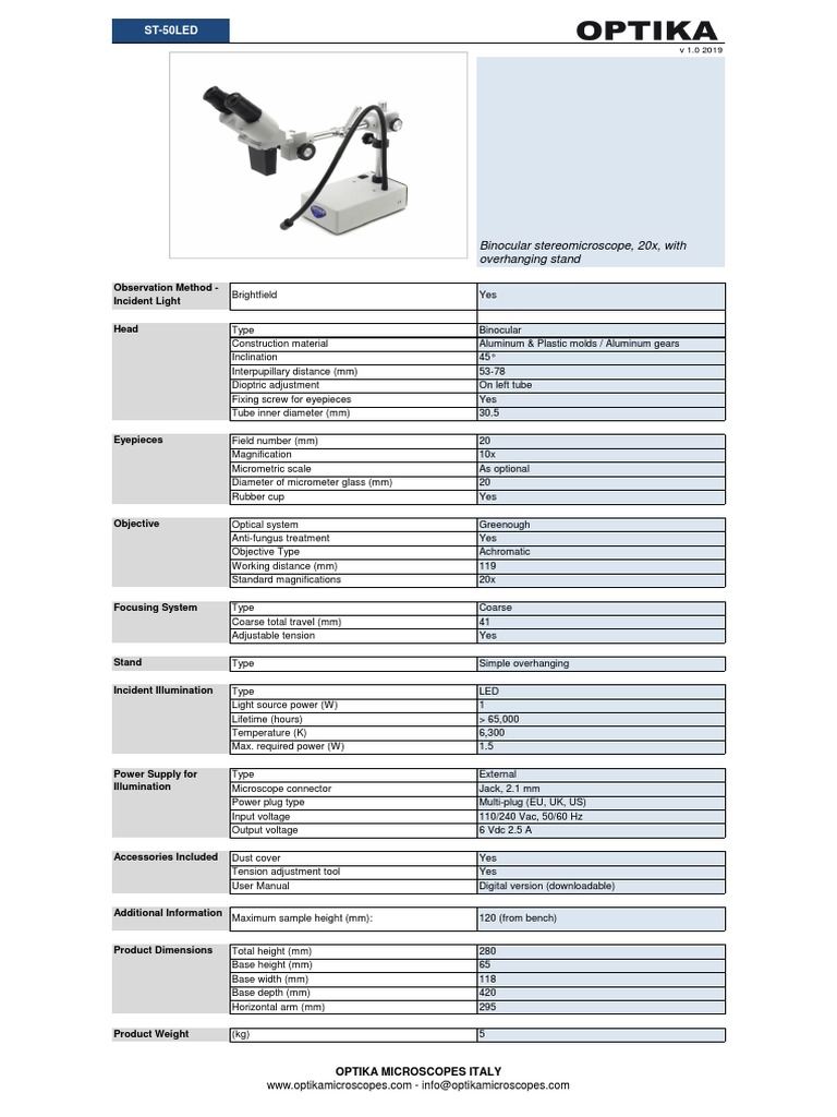OPTIKA ST-50LED Technical Datasheet en | PDF | Electromagnetism | Optics