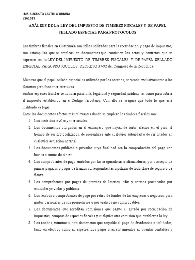Análisis de La Ley Del Impuesto de Timbres Fiscales y de Papel Sellado Especial para Protocolos ...