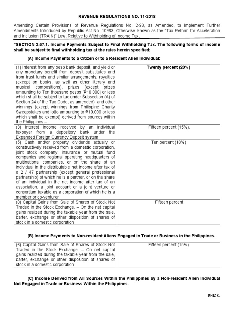 RR No. 11-2018 Summary | PDF | Payments | Lease