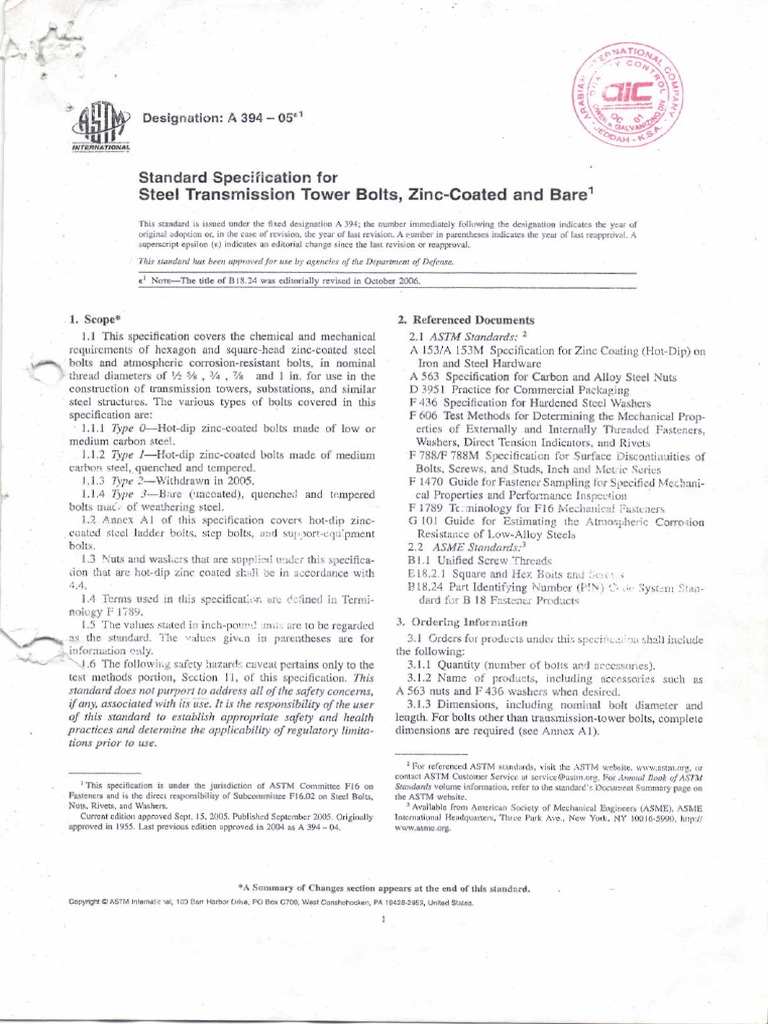Astm A394-05 | PDF | Chemistry | Materials