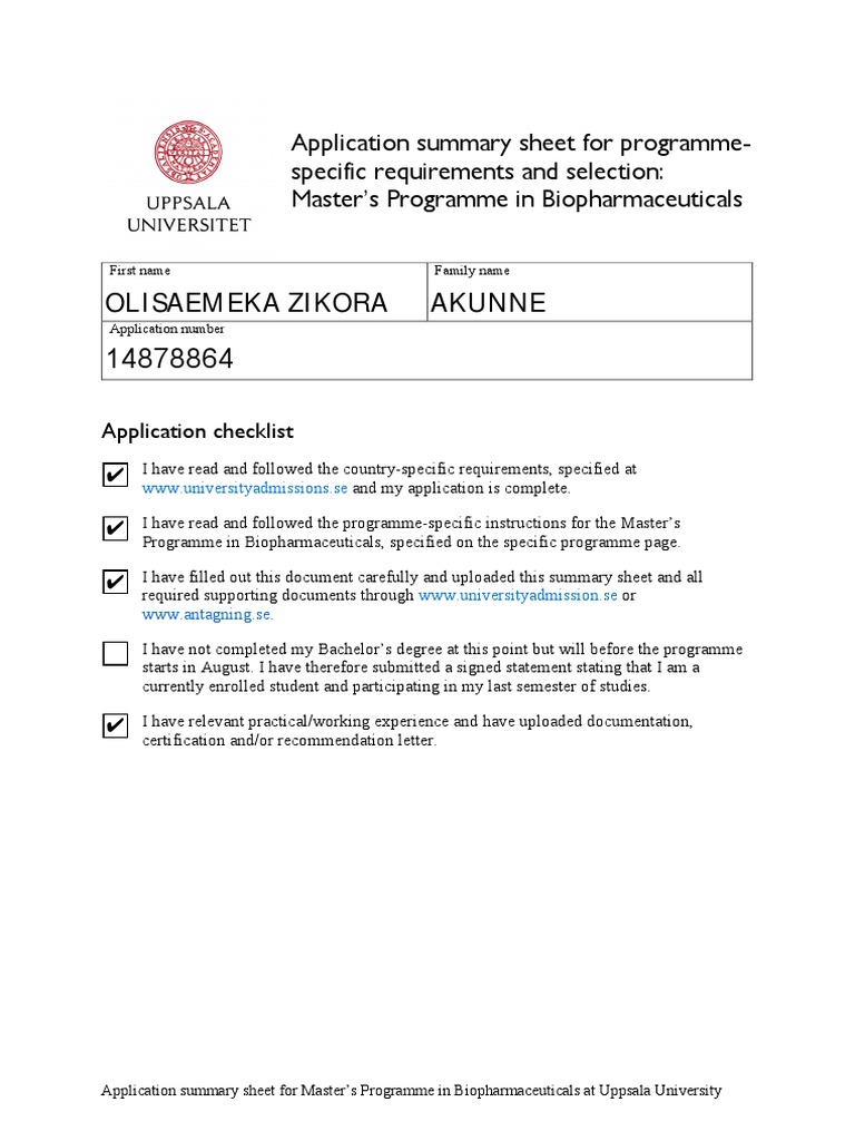 Application Summary Sheet For Programme-Specific Requirements and ...