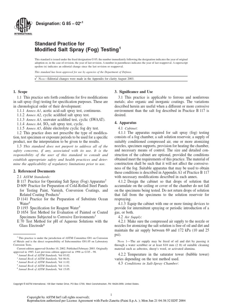 Astm G85 02 Standard Practice For Modified Salt Spray Fog Testing