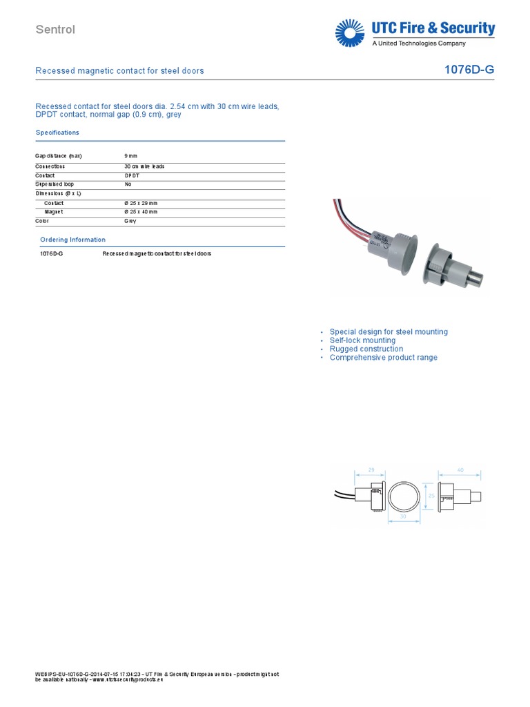 Sentrol: Recessed Magnetic Contact For Steel Doors | PDF