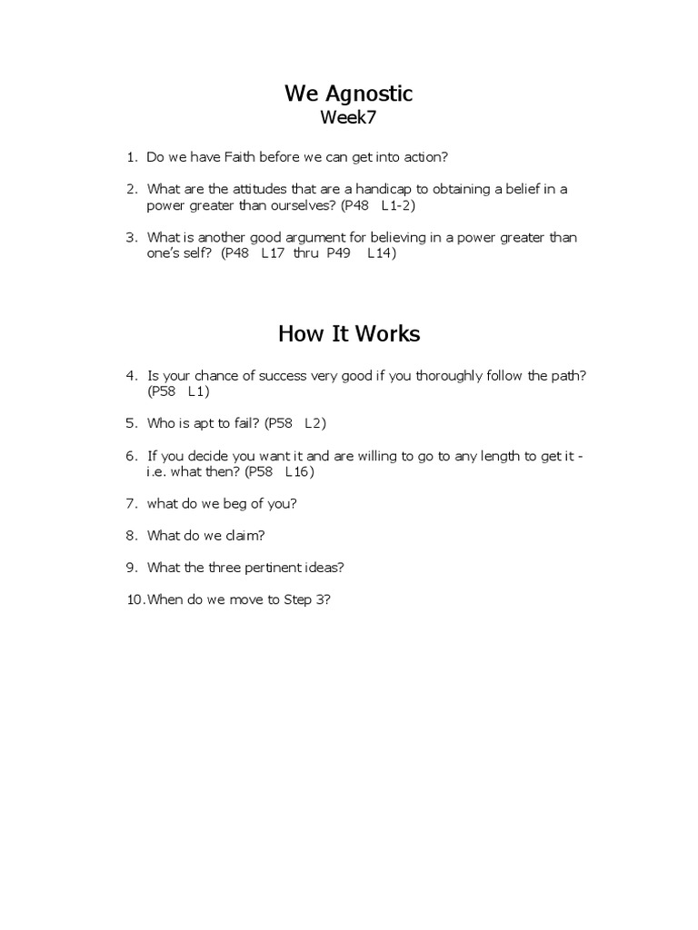 B) Questions Week 7 (We Agnostics, How It Works) | PDF