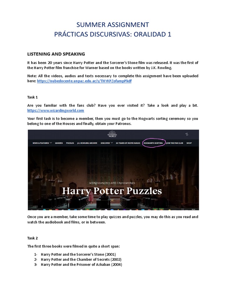Summer Assignment - Listening and Speaking | PDF | Harry Potter