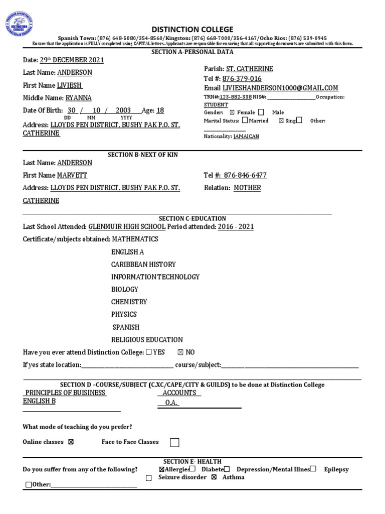 Distinction College-Application Form | PDF | Health Sciences