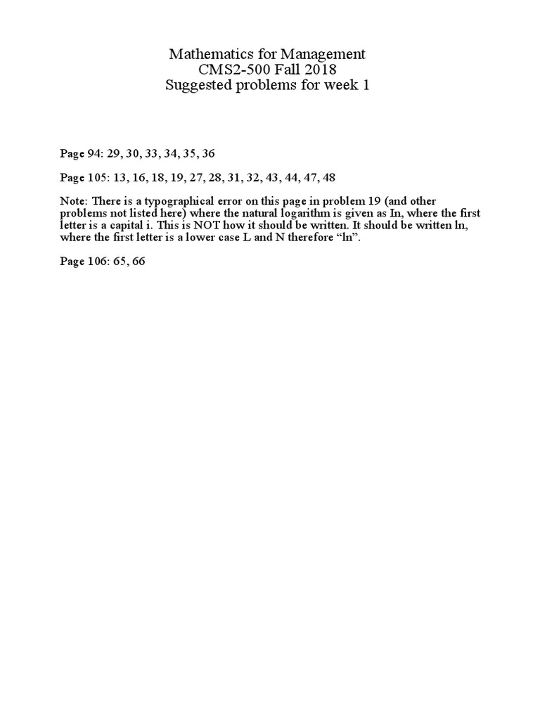 Mathematics For Management CMS2-500 Fall 2018 Suggested Problems For ...