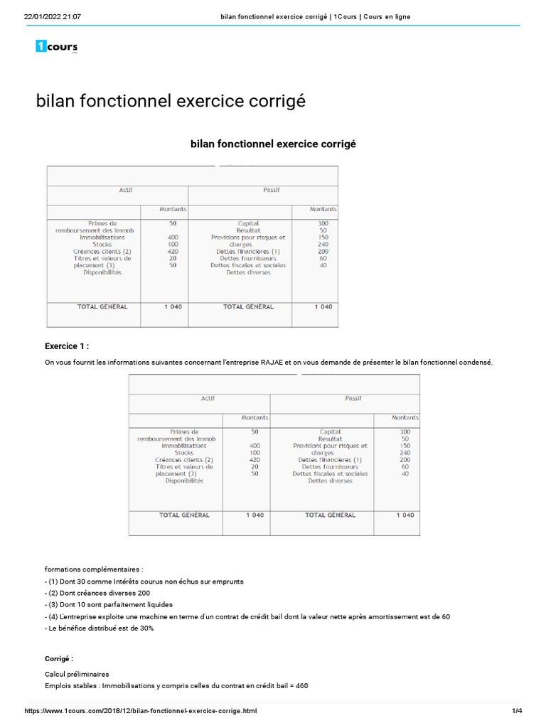 Bilan Fonctionnel Exercice Corrigé - 1cours - Cours en Ligne | PDF ...