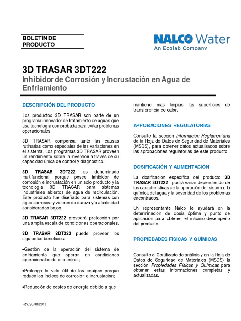3D TRASAR 3DT222 Corrosion Inhibitor - PB - SP (Español) | PDF | Agua ...