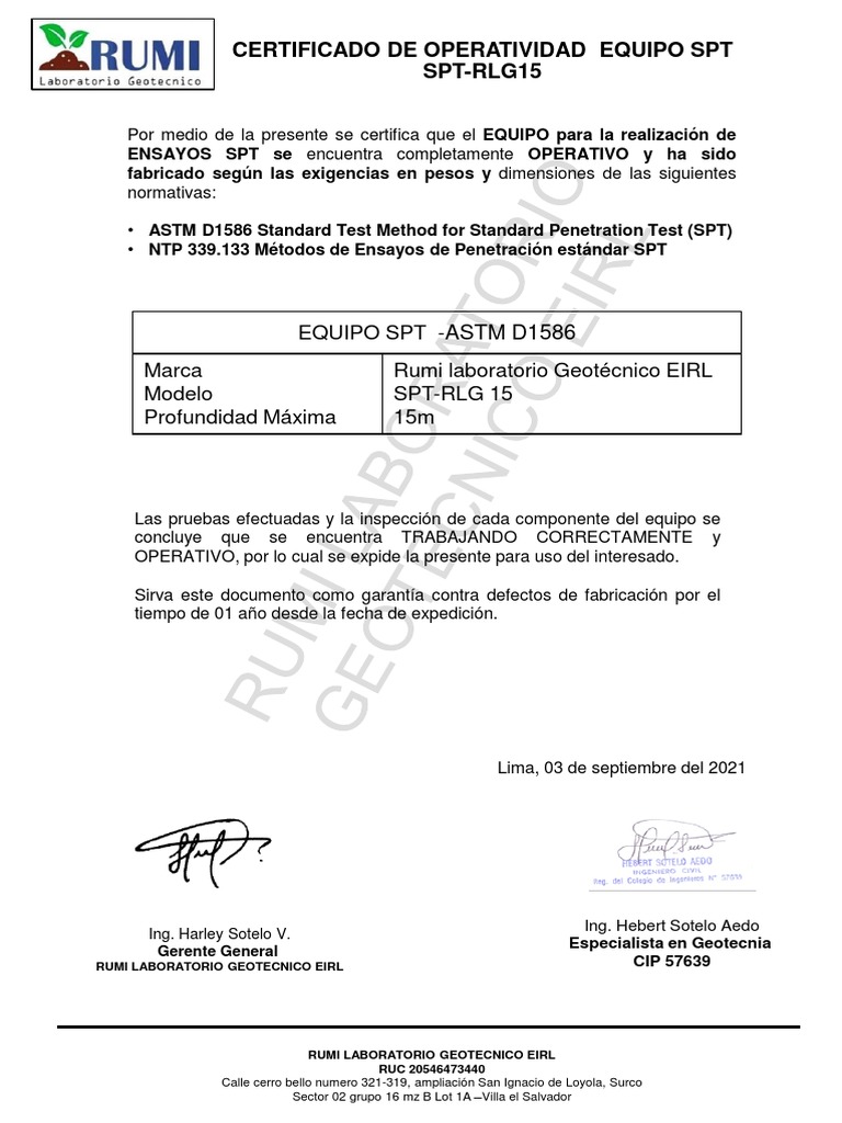 Certificación Operatividad Equipo SPT | PDF