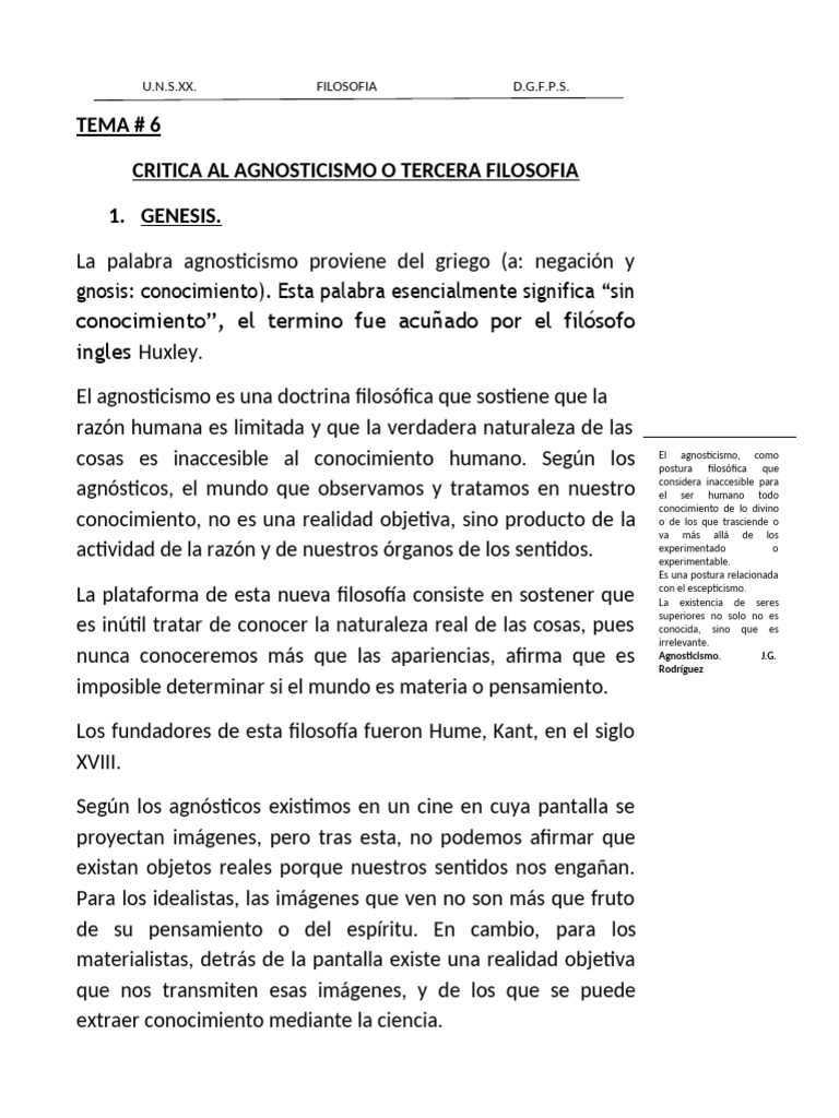 Tema #6 Critica Al Agnotismo o Tercera Filosofia | PDF | Agnosticismo ...
