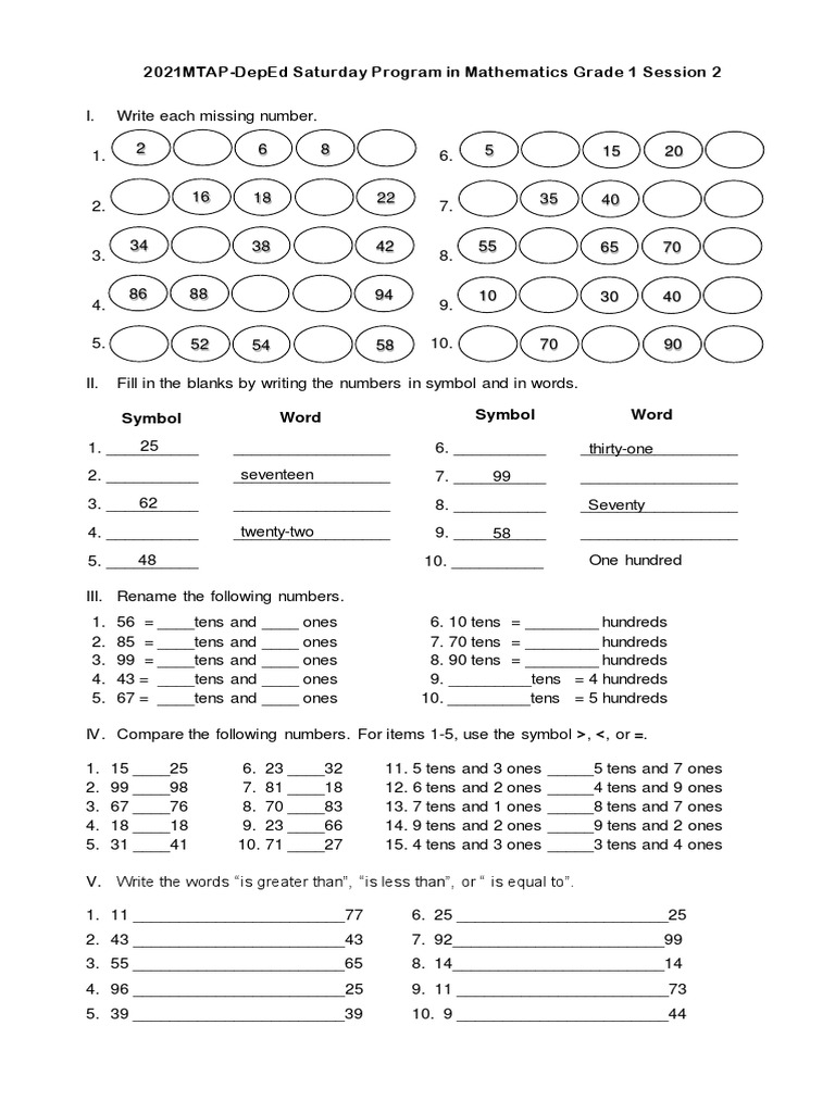 2021Mtap-Deped Saturday Program in Mathematics Grade 1 Session 2 | PDF