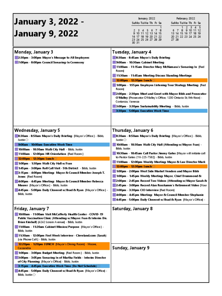 2022 Week 1 Mayor Justin Bibb Calendar | PDF