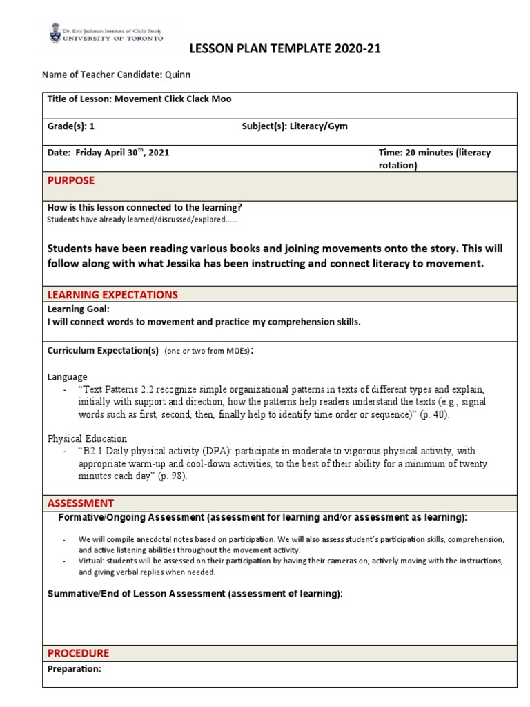 Movement Lesson Plan Click Clack Moo | PDF | Reading Comprehension | Change