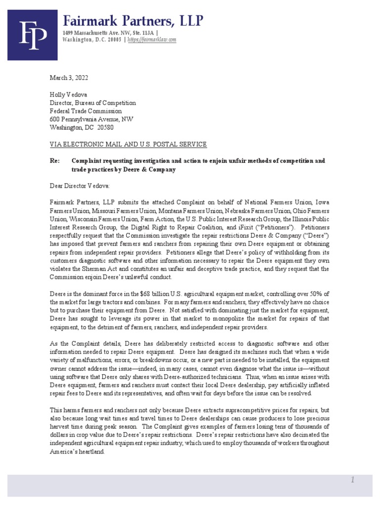 Fairmark - Deere Right To Repair FTC Complaint | PDF | Federal Trade ...