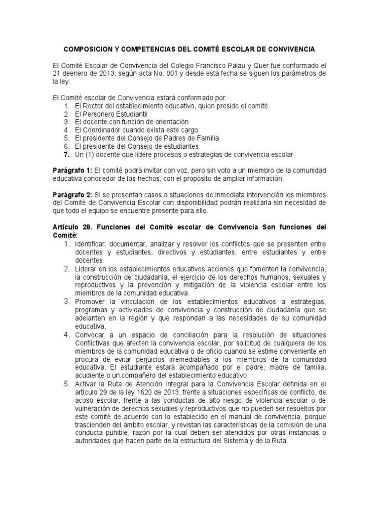 Funciones del Comité de Convivencia Escolar | PDF | Violencia | Justicia