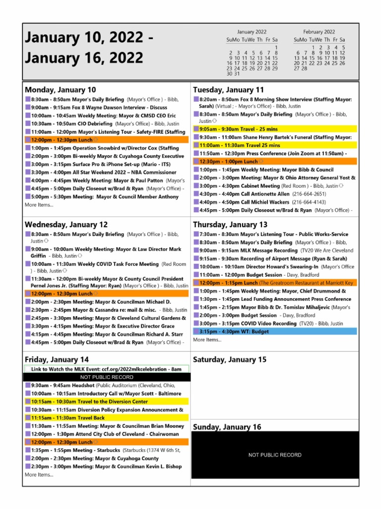 2022 Week 2 Mayor Justin Bibb Calendar | PDF