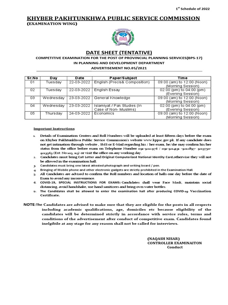 Date Sheet Competitive Examination Provincial Planning Services PPS 05 ...