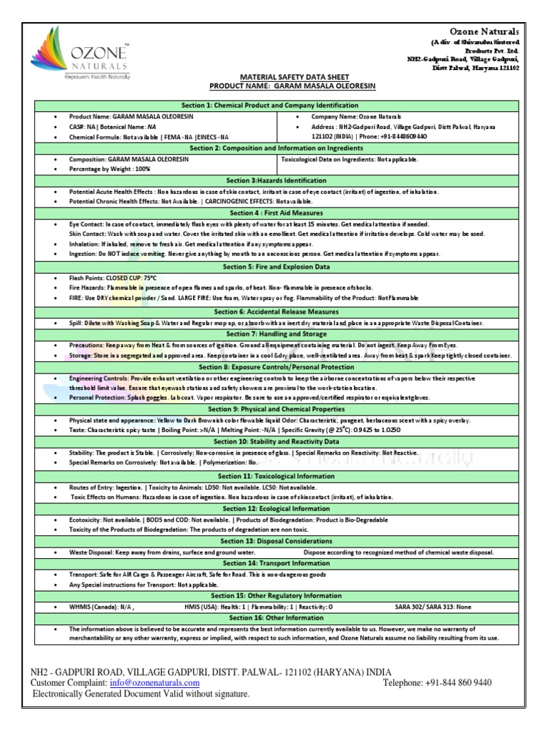 Ozone Naturals: Material Safety Data Sheet Product Name: Garam Masala ...