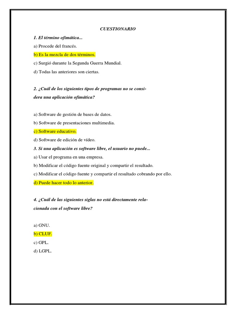 Cuestionario sobre Ofimática y Software | PDF | Software libre | Microsoft Office