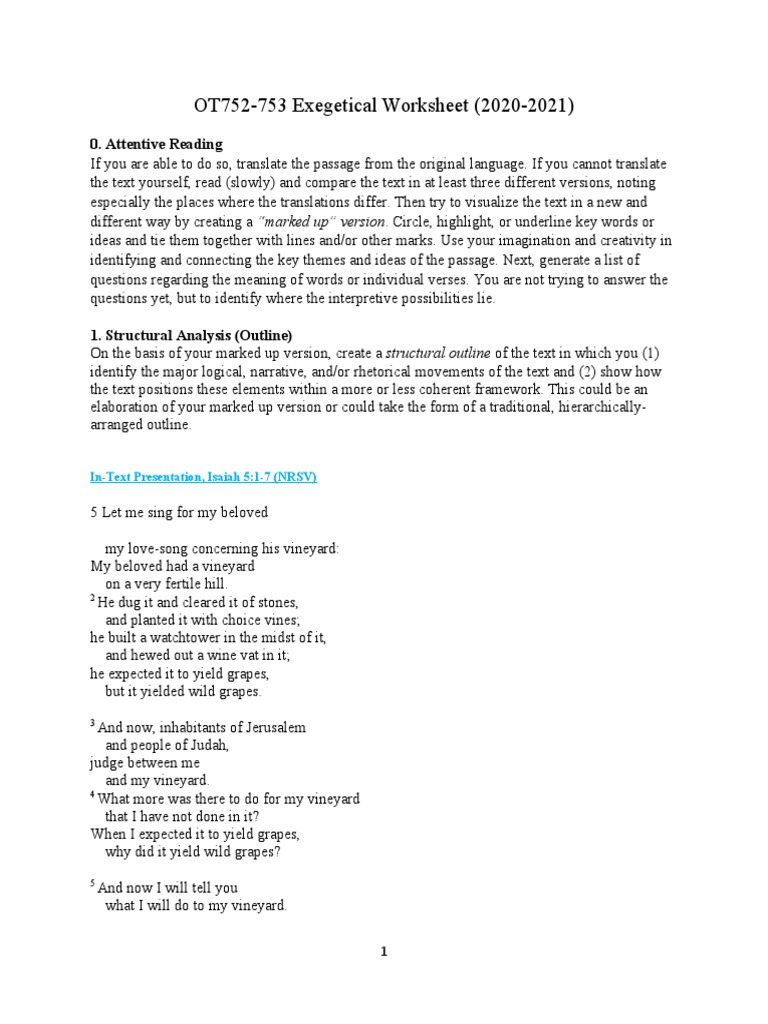 OT752-753 Exegetical Worksheet (2020-2021) : 0. Attentive Reading | PDF